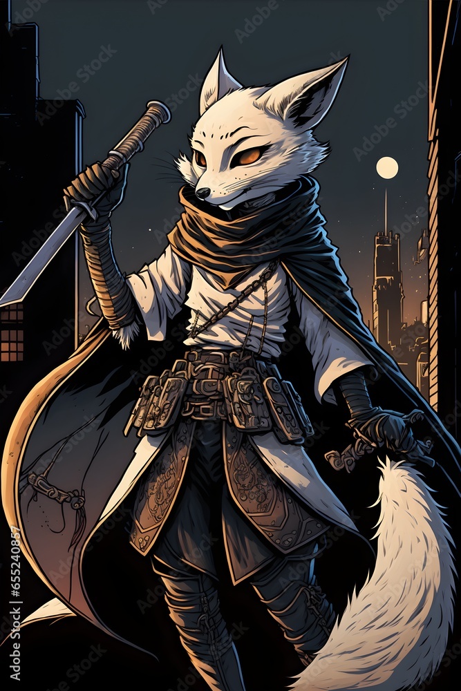 a cute slender female anthropomorphic white fox in black straps and a ...