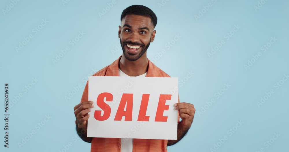 Studio sales poster, happy man and surprise ads commercial, discount ...