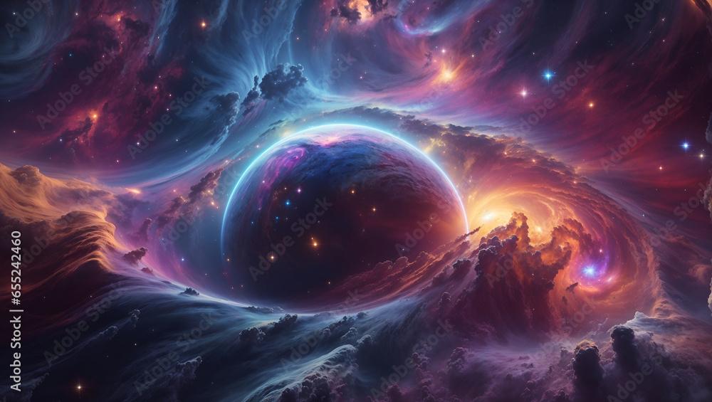 Beautiful fantasy cosmic background. With planets, nebulas, galaxies ...
