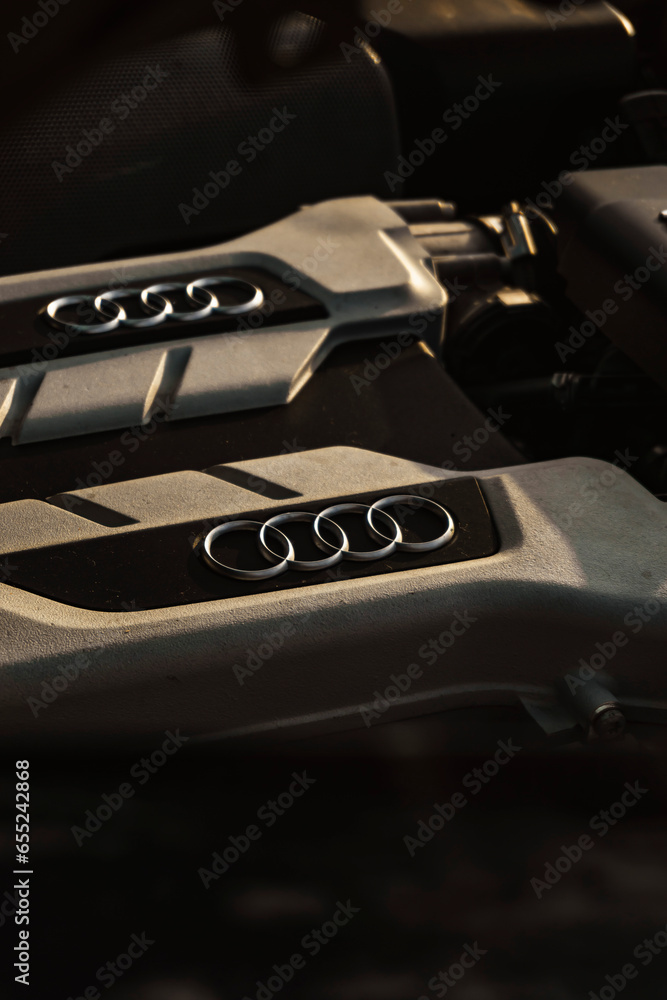 Audi R8 V8 engine cover with focus on audi logo, sunset light Stock ...