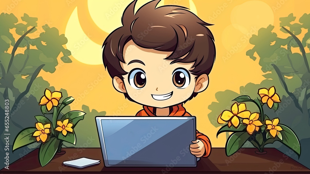 Child boy sitting at a computer. Promote awareness of cybersecurity ...