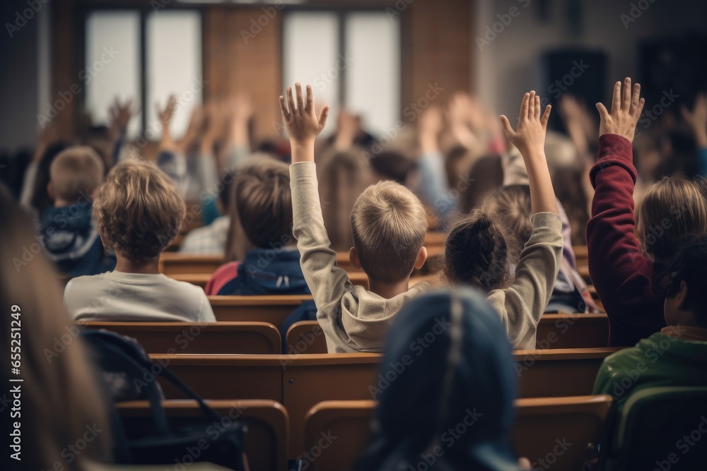 School child with hand in the air in classroom, blurred background, no ...