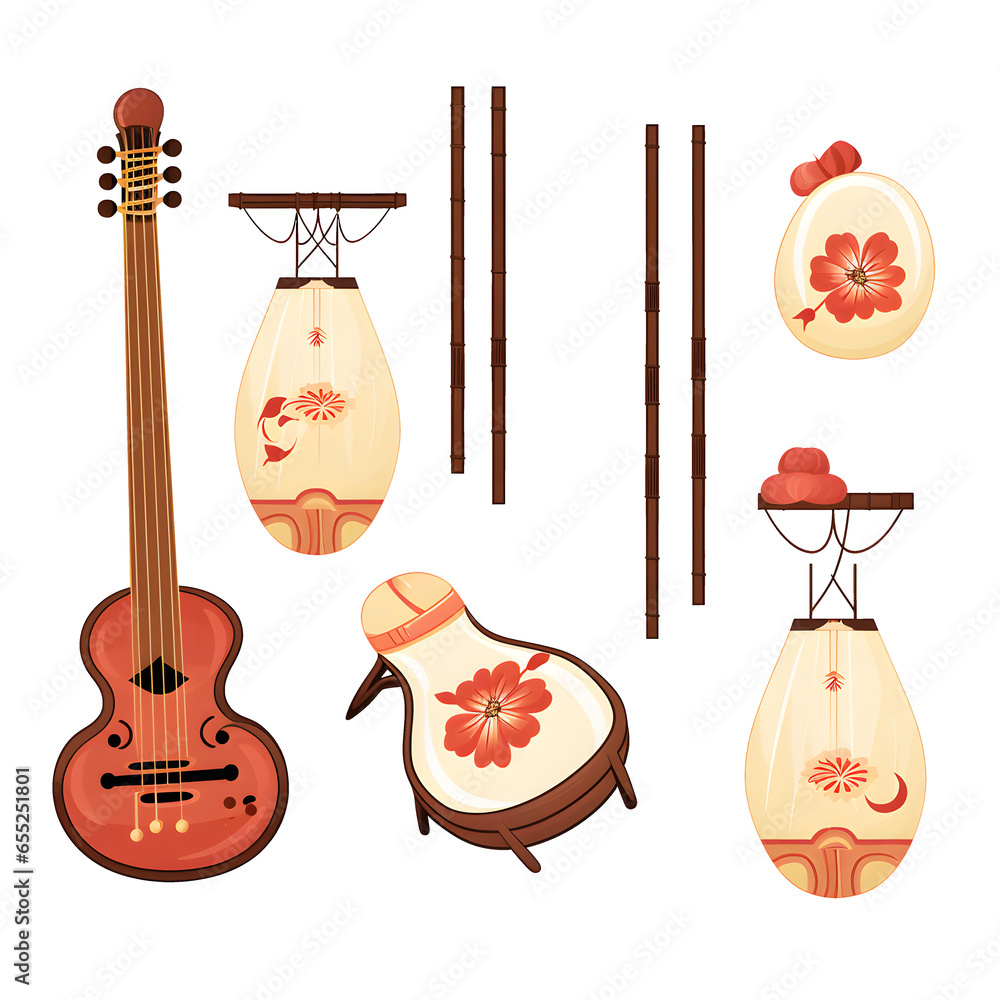 cartoon clipart of Chinese instrument (erhu, guzheng, pipa), asian ...