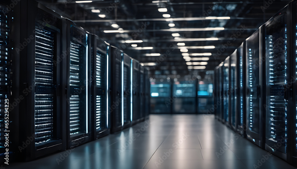 server room data center with rows of server racks. 3d rendering Stock ...