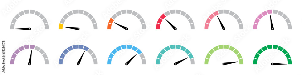 Speedometer infographics in different colors. Speedometer loading and ...