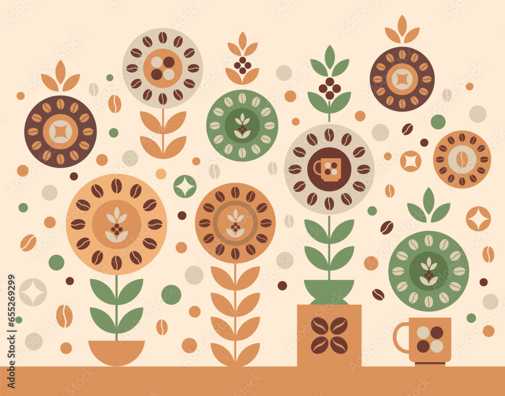 Vetor de Illustration with coffee beans and flowers in minimalistic ...