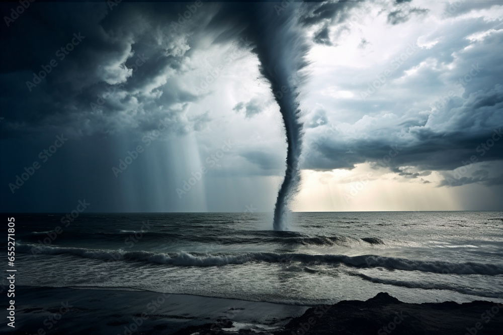 A powerful waterspout reaching down from a storm cloud to touch the ...