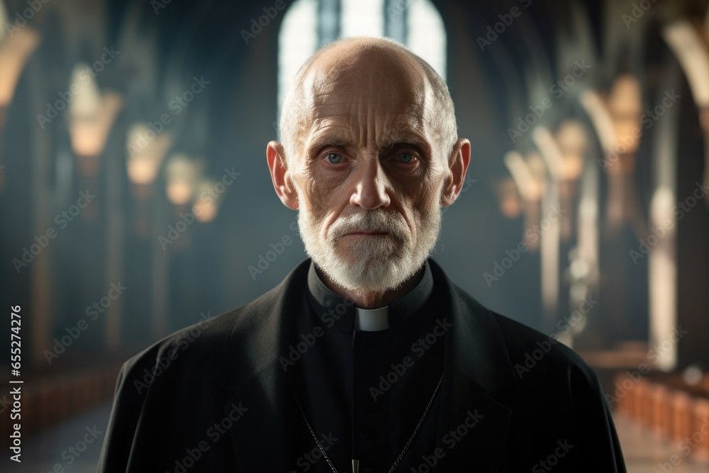 A man dressed in traditional priest's robes standing inside a church ...