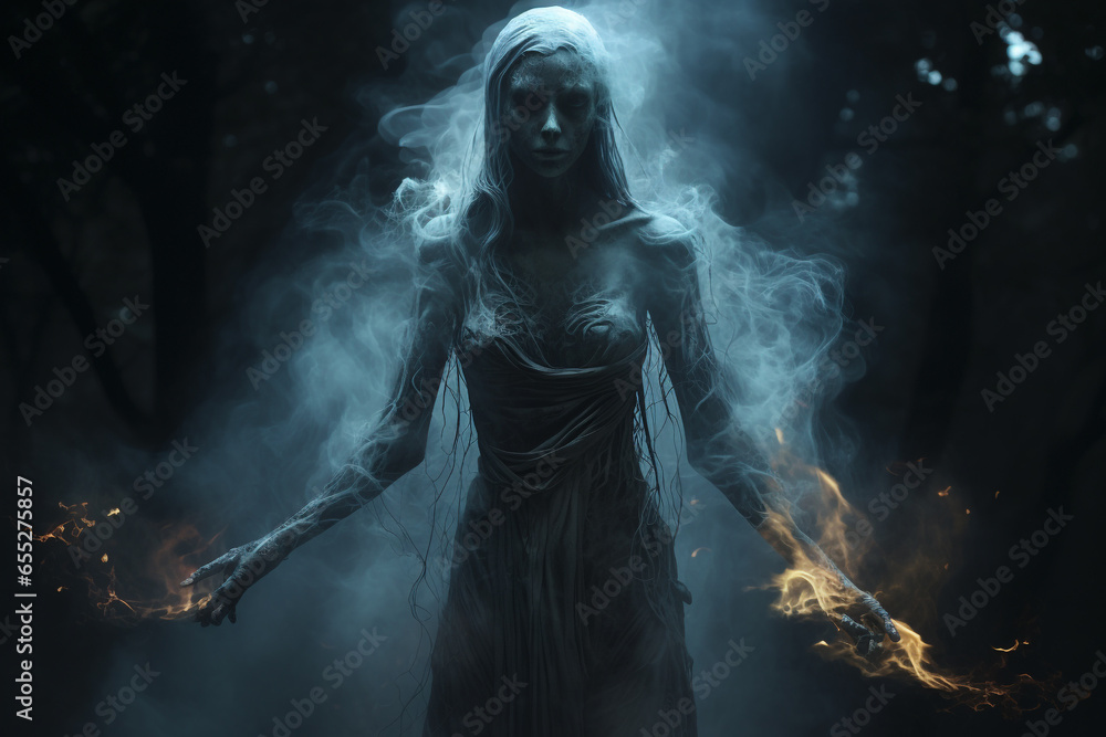 States of mind, horror, sci-fi concept. Female forest creature, wraith ...