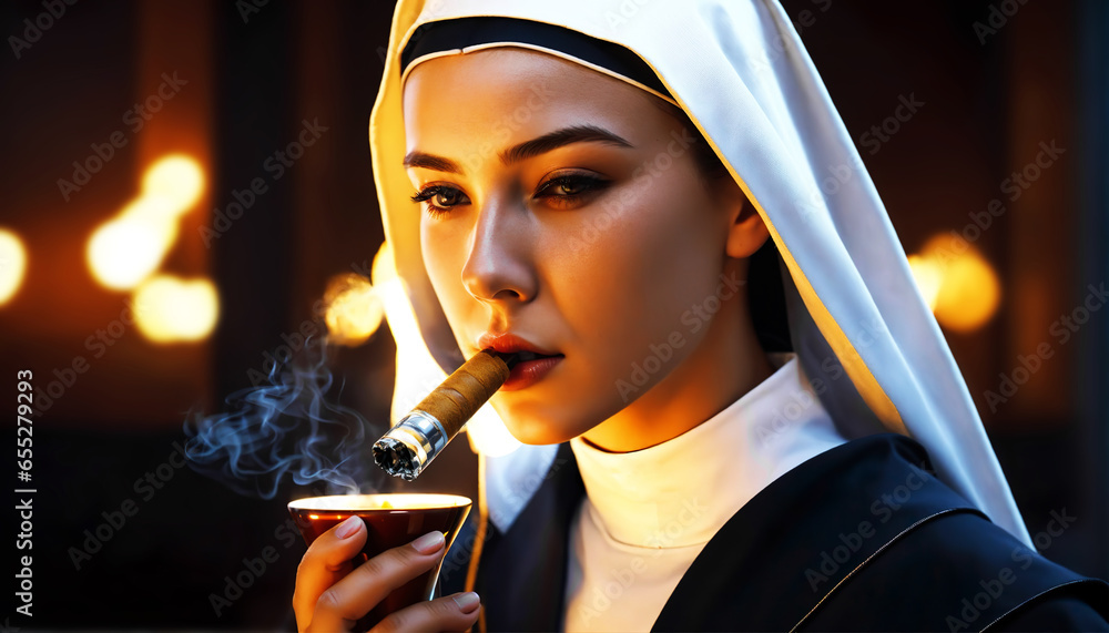 Provocative beautiful young Caucasian woman in nun costume smoking big ...