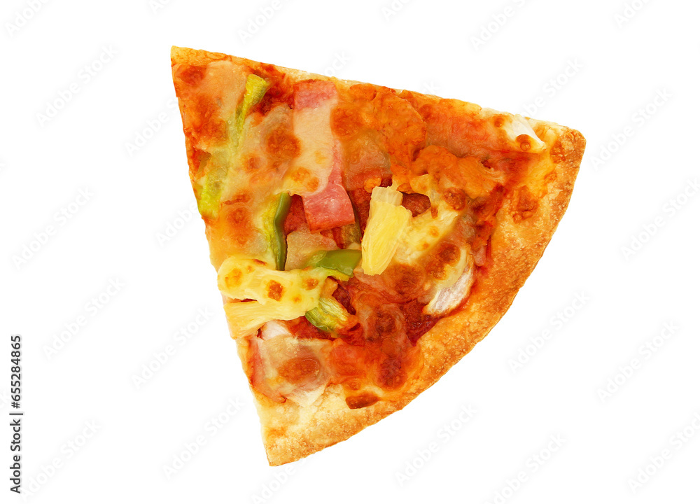 Piece of mixed deluxe pizza with pineapple, ham, mushroom, large green ...