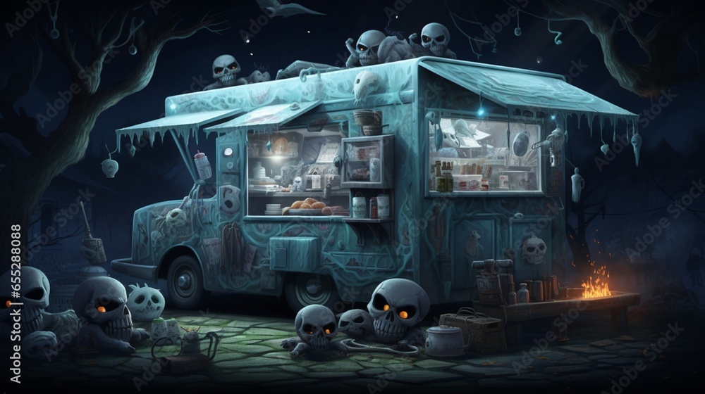 a ghostly food truck with sandwiches and snacks that jump off the menu ...