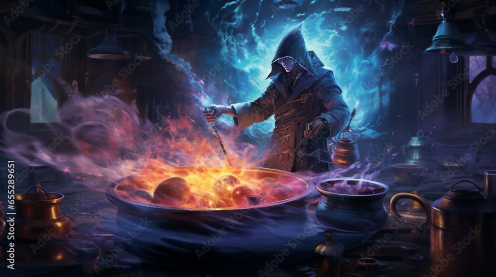 a spectral chef conjuring a cauldron of colorful, swirling potions in a ...