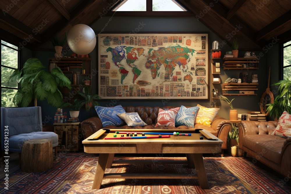 Pool table game room with dartboard, vintage arcade games, a rustic ...