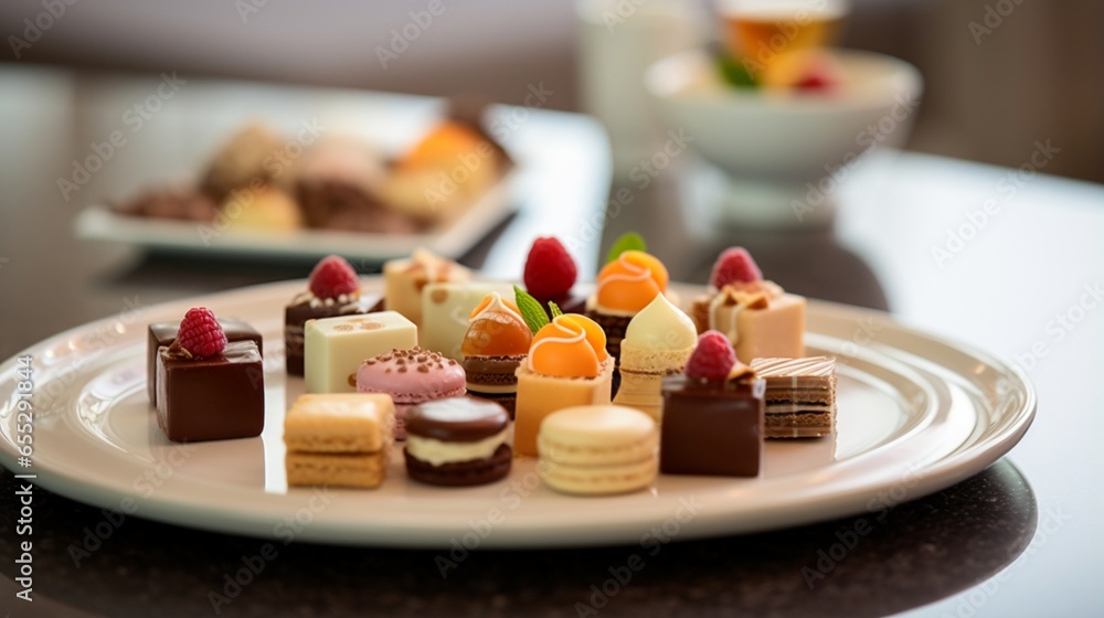 an elegant visual of a tiered tray of petit fours, showcasing an ...