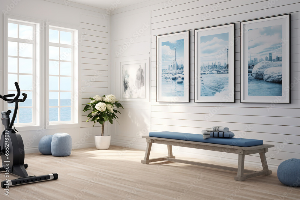 A coastal home gym with a light blue color palette, white shiplap walls ...