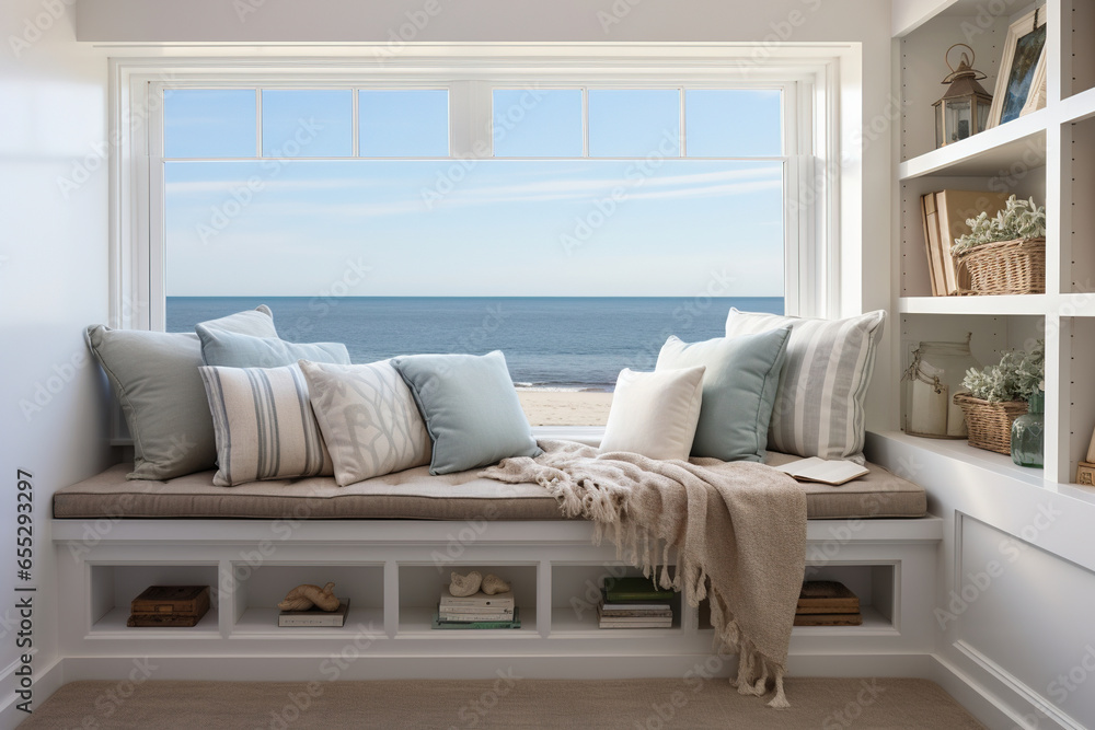 A coastal reading nook with a large bay window overlooking a sunlight ...
