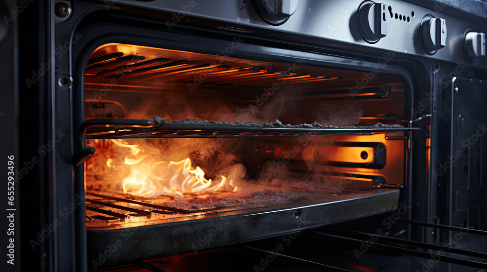 fiery oven with a burnt meal inside, cooking fail, flame cooked, domestic danger prevention ...