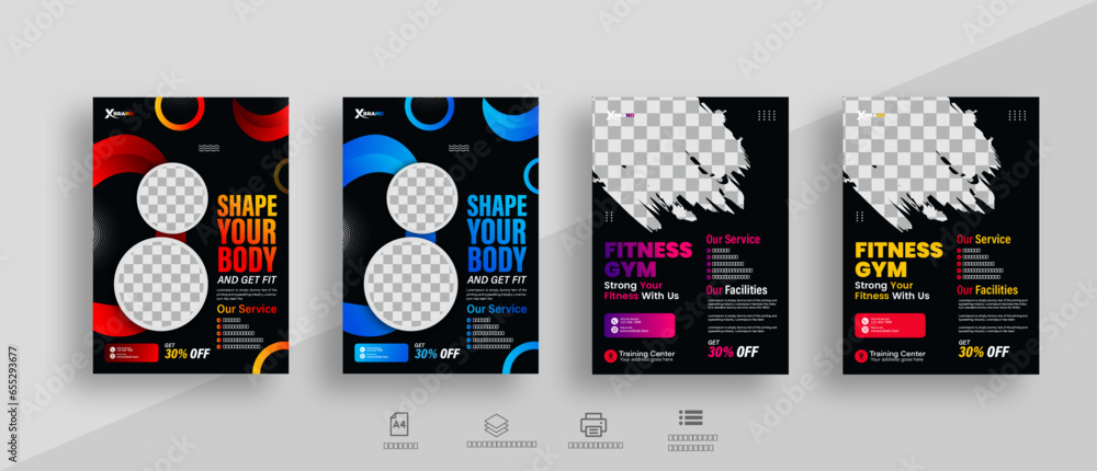 Fitness gym flyer template with yellow, red, green, and purple, colors ...