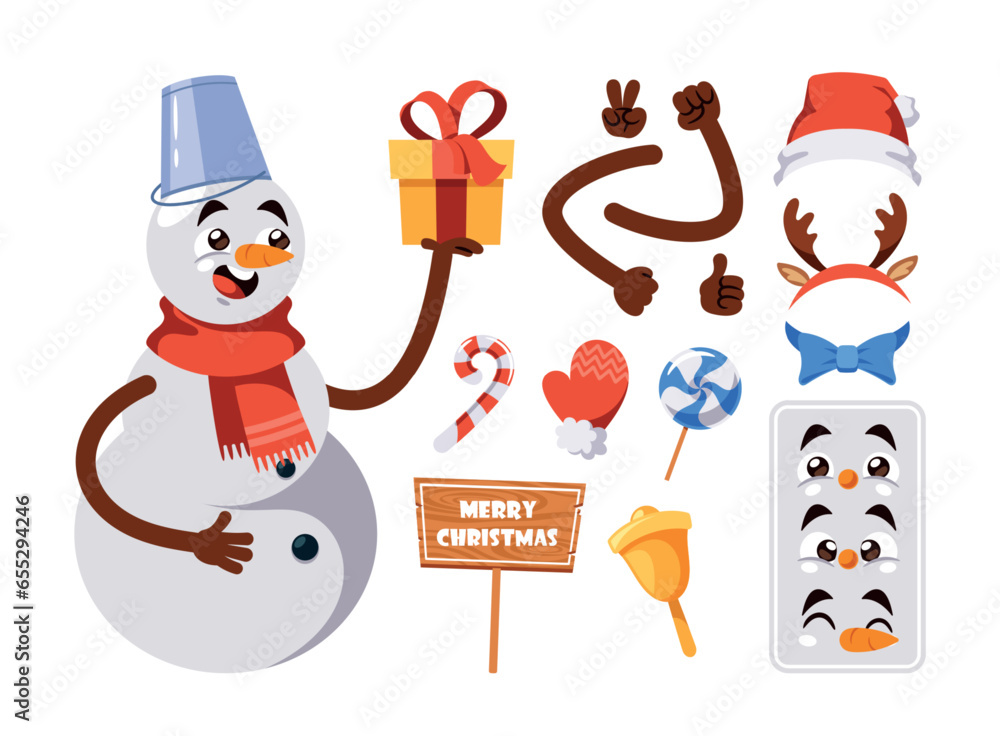 Cartoon Snowman Constructor Kit. Winter Personage Body Parts, Hands ...