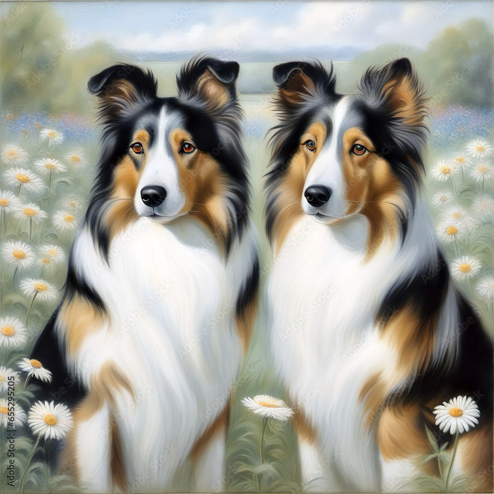 Vintage painting featuring two sheepdogs standing side by side in a ...