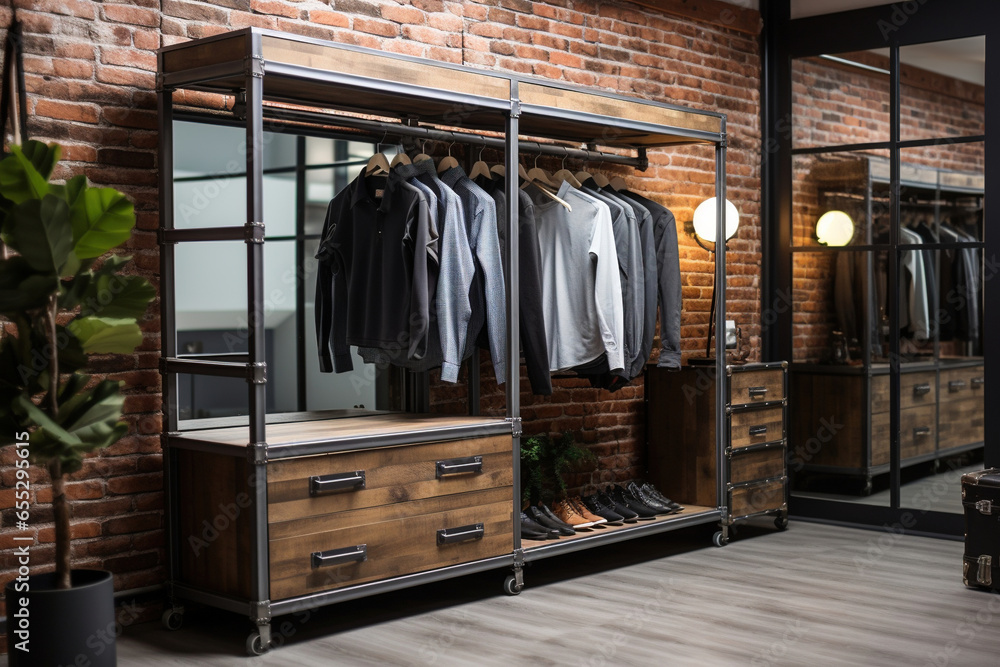 Industrial minimalist metal dark wooden walk-in wardrobe with clothes ...