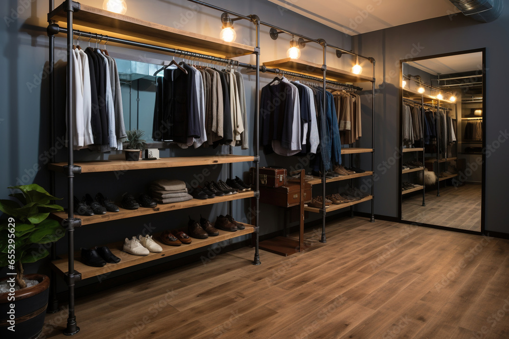 Industrial minimalist metal dark wooden walk-in wardrobe with clothes ...