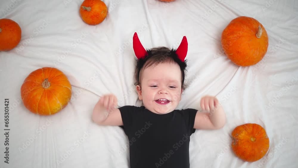 Cute year-old funny baby boy dressed as a devil horns with pumpkins the ...