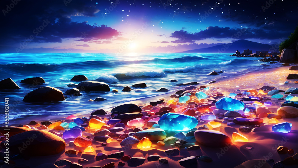 Sunset beach wallpaper 8k Night Background sea and glowing stones Stock ...