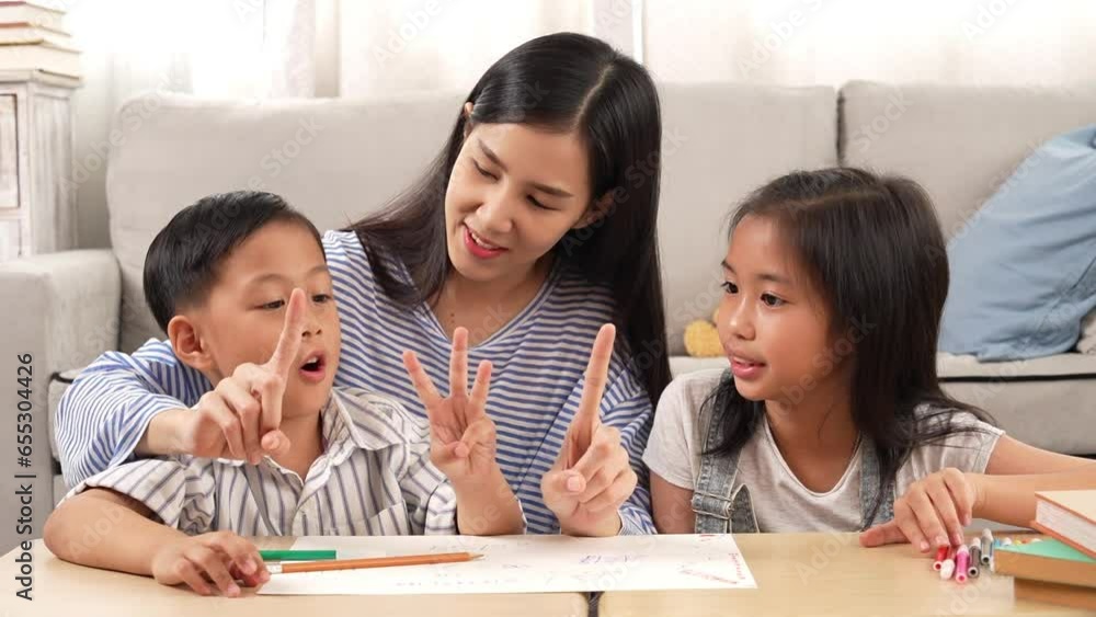 Learning math at home Mother teach kid homework for homeschool lesson Child Smile Enjoy Happy ...