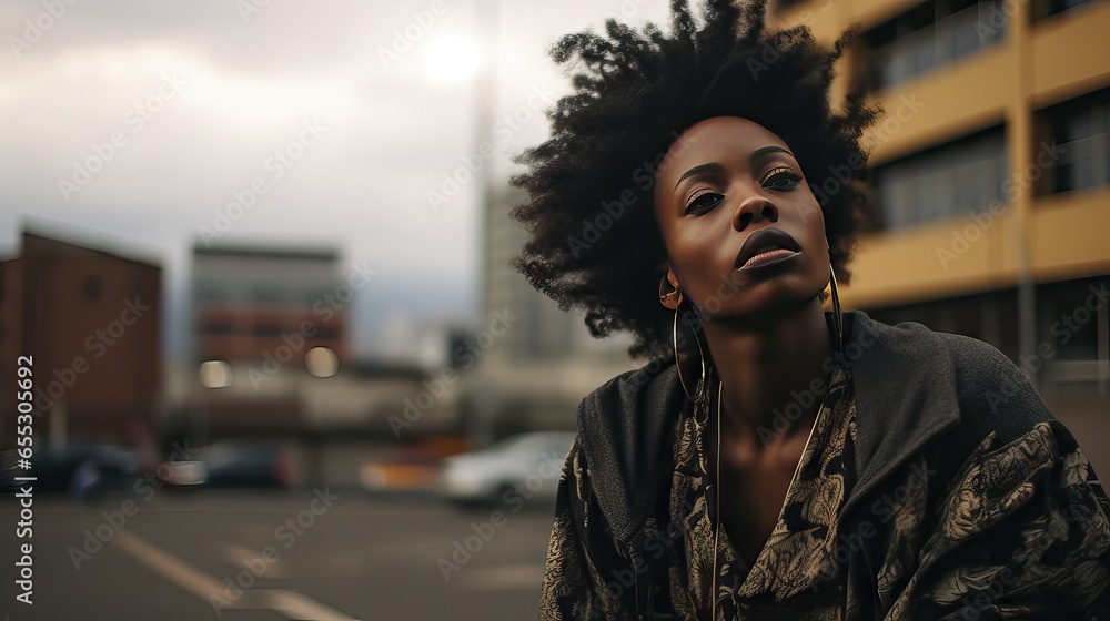 A deeply saddened woman stands in the city street, radiating a serene ...