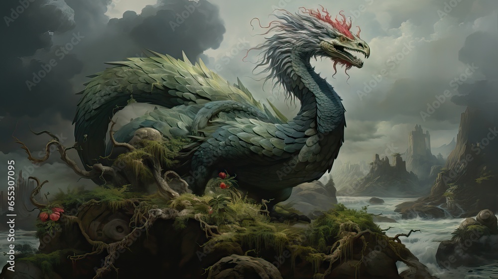 The mythical basilisk, with its rooster’s head and serpent’s body ...