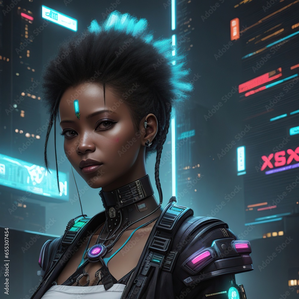 A cyberpunk avatar in a neon-lit city. The suit has blue lights and a ...