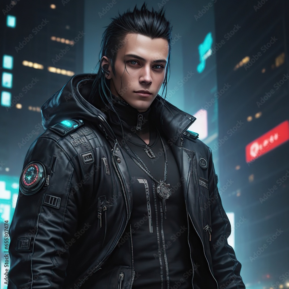 A cyberpunk avatar in a neon-lit city. The suit has blue lights and a ...