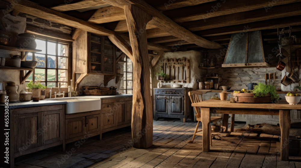 A rustic barn kitchen with reclaimed wood beams, a farmhouse sink, and ...