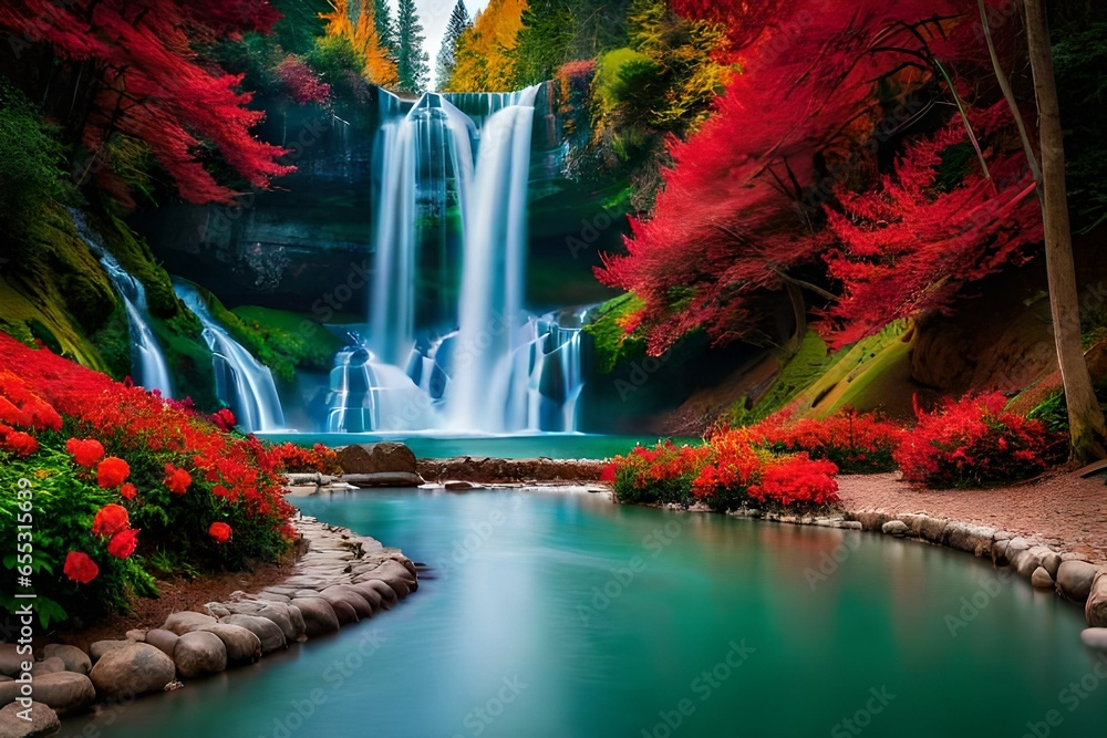 beautiful waterfall in forest waterfall with rose and flowers waterfall ...