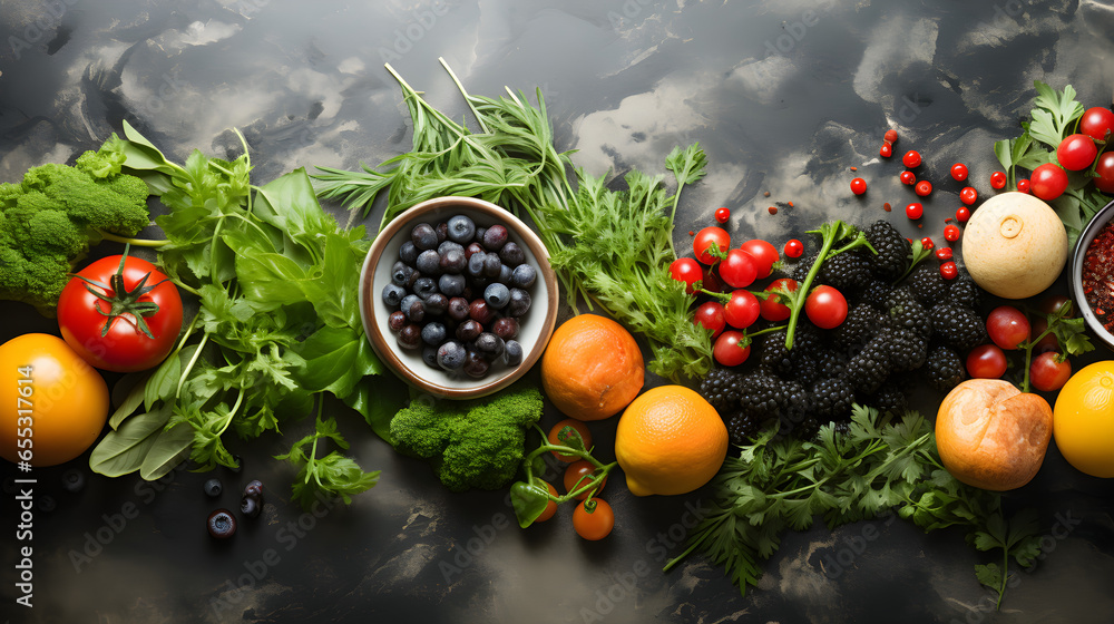 healthy foods on black table, in the style of panel composition mastery ...