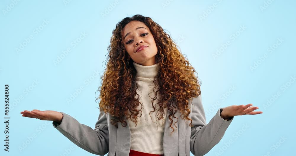 Face, choice and confused woman shrug in studio isolated on a blue ...