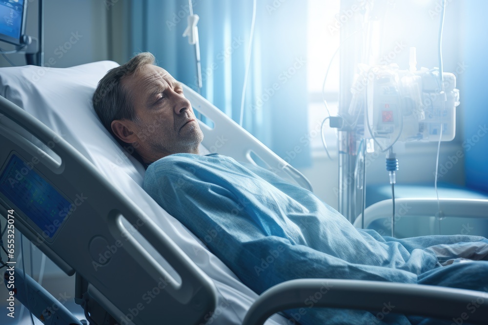 Very sick man lying on the bed in the hospital alone and had stress ...