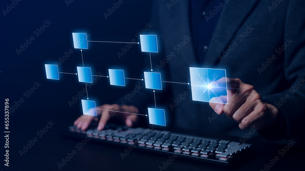 Businessman using computer working planning workflow process management ...