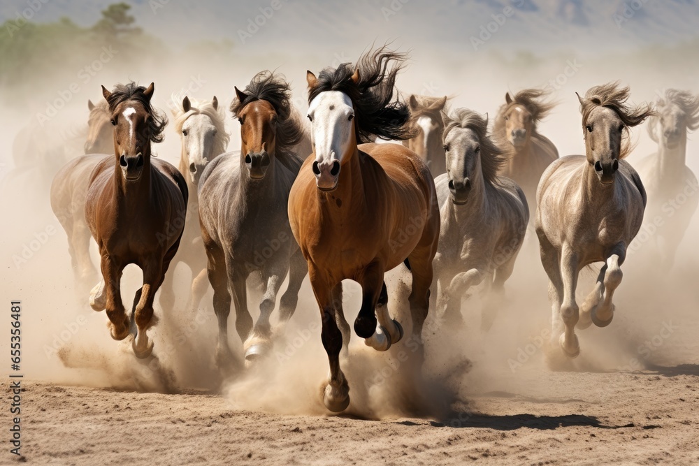 Herd of wild mustangs running across grassy plain, hooves pounding ...