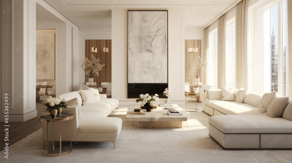 Living room interior in wait colors features. Northwest, USA Stock ...