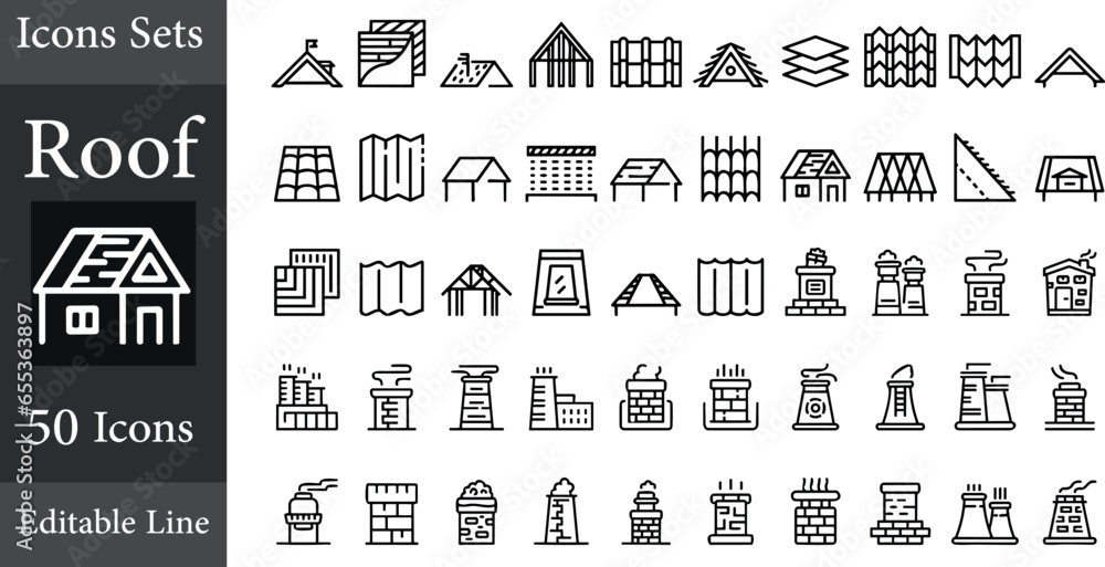 Roof icons set. Construction and roofing repair of the roof of the ...