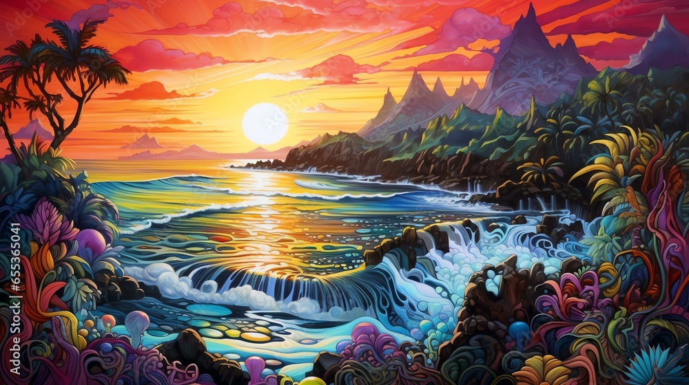 Conjure an island where colors have physical form, and vibrant ...