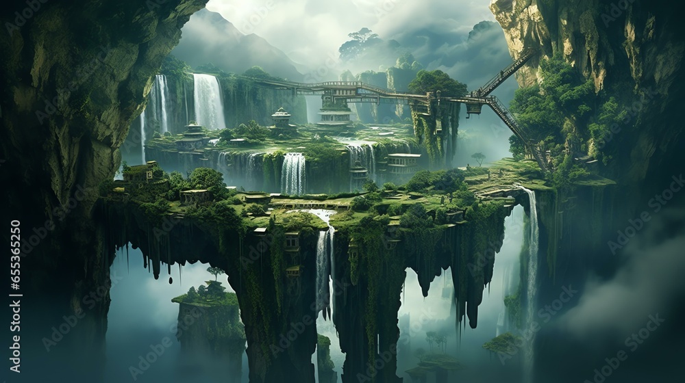 Picture an island that defies gravity, with floating waterfalls, upside ...