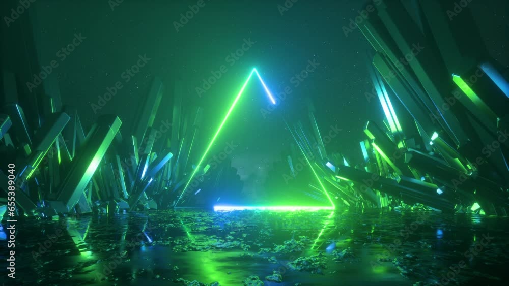 cycled 3d animation. Abstract background with neon triangular frame and ...