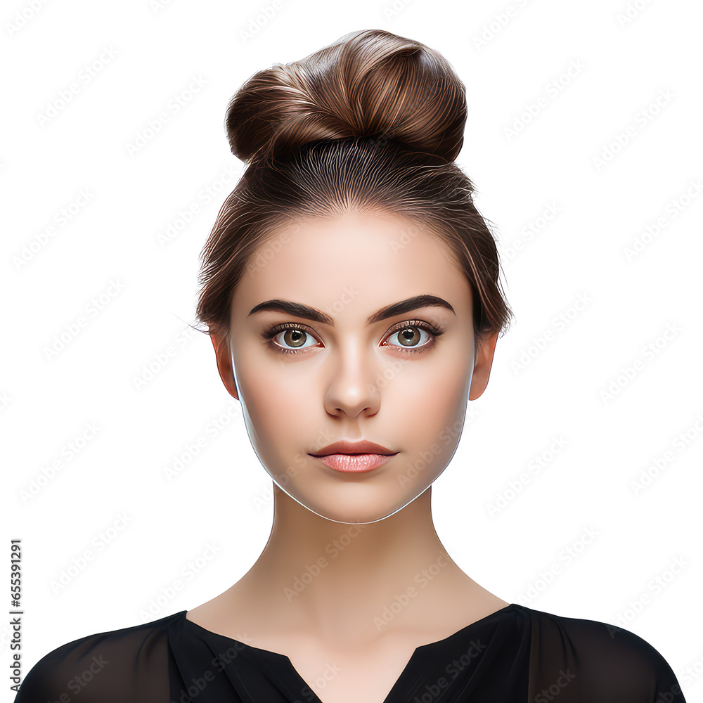 Portrait of a beautiful young woman with brown hair, bun hairstyle ...