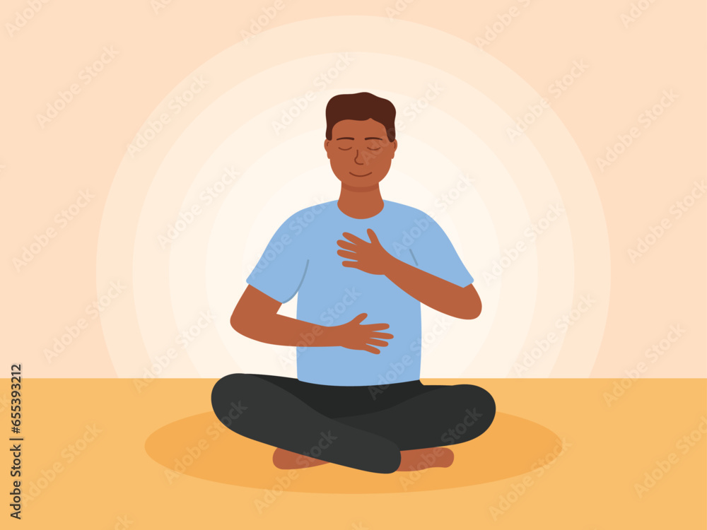 Breathing exercise flat vector illustration. Man sitting in a ...
