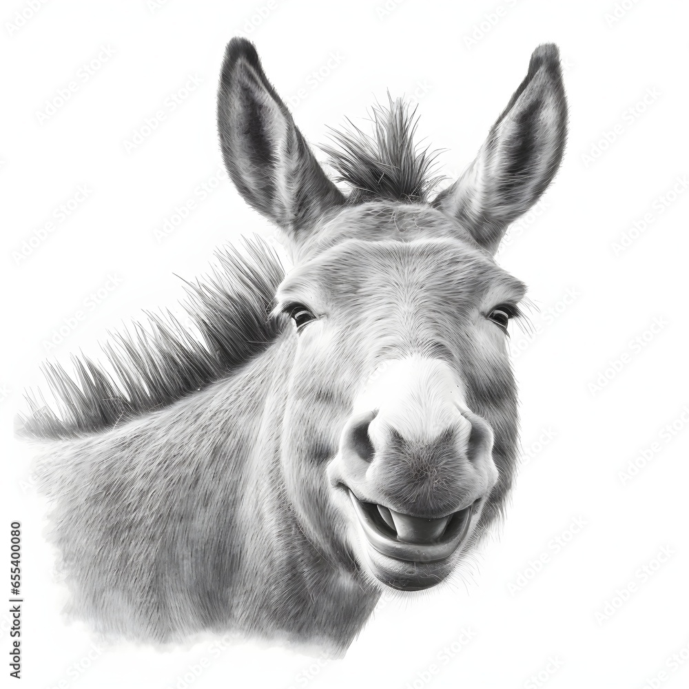 portrait sketch of a donkey smiling laughing looking directly straight ...