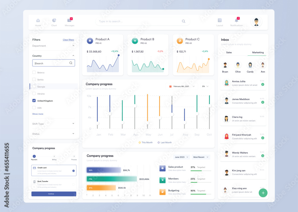 Infographic dashboard. UI design with graphs, charts and diagrams. Web ...